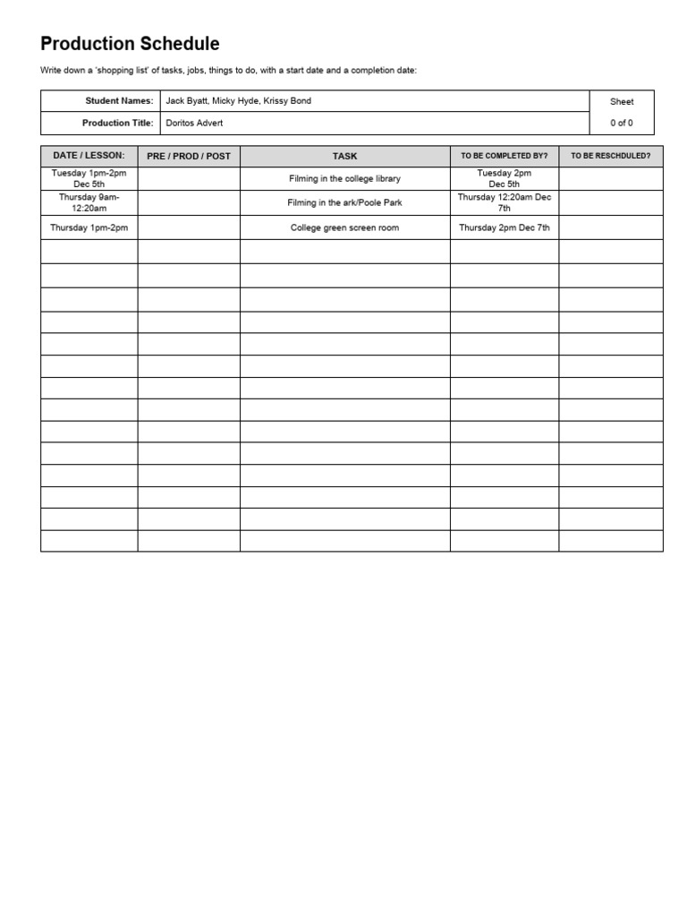 Production Schedule Jack Byatt | PDF