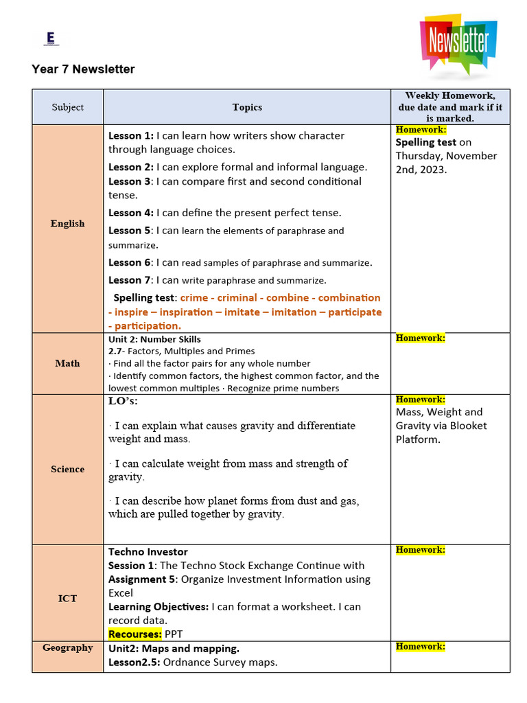 Year 7 Newsletter: Topics Weekly Homework, Due Date and Mark If It Is ...