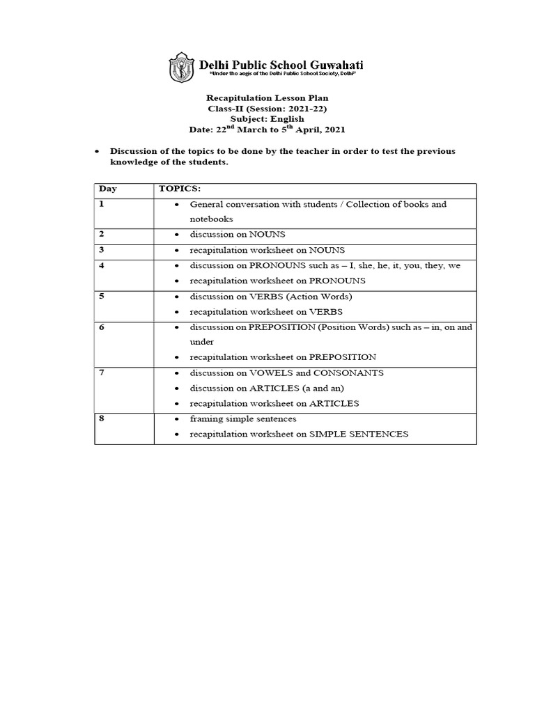 Recapitulation Lesson Plan for Class 2 | PDF | English Language ...