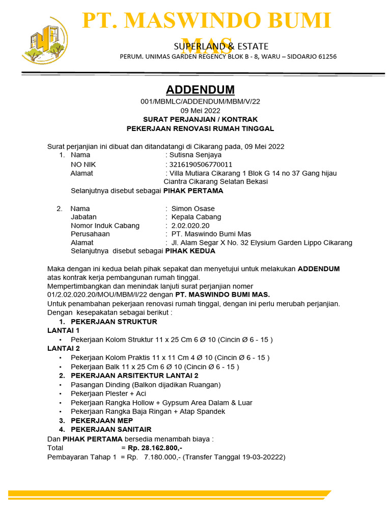 Addendum Kontrak Renovasi Rumah 2022 | PDF