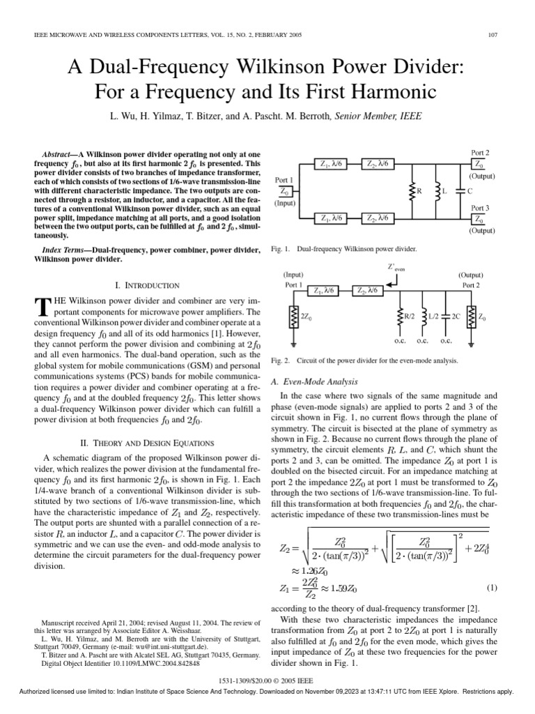 A Dual-Frequency Wilkinson Power Divider For A Frequency and Its First Harmonic | PDF ...