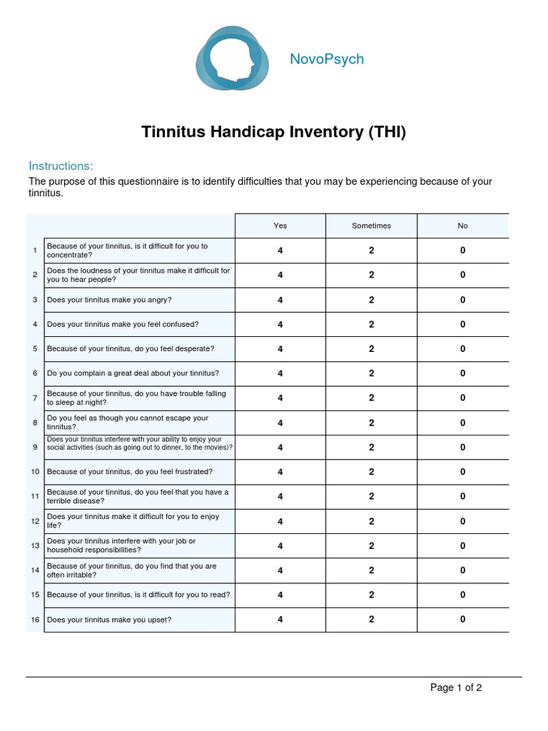 Tinnitus Assessment Thi Form Download Free Pdf Tinnitus Emotions