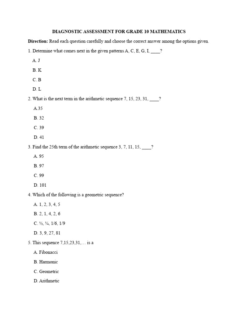 Grade 10 Math Diagnostic Assessment | PDF | Circle | Angle