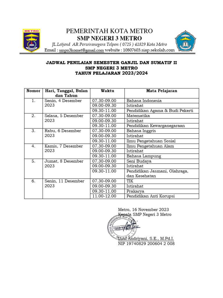 Jadwal Penilaian Semester Ganjil Dan Sumatif Ii 2023 - 2024 | PDF