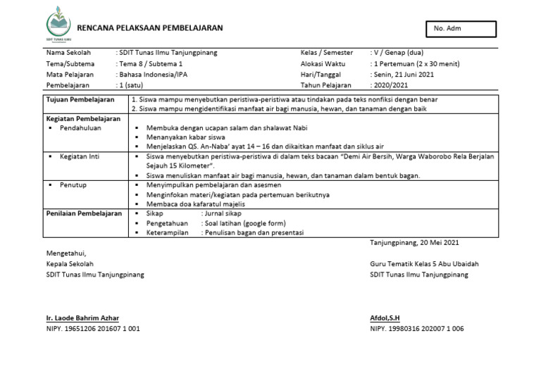 Contoh RPP 1 Lembar | PDF | Kajian Bahasa Asing | Sains & Matematika