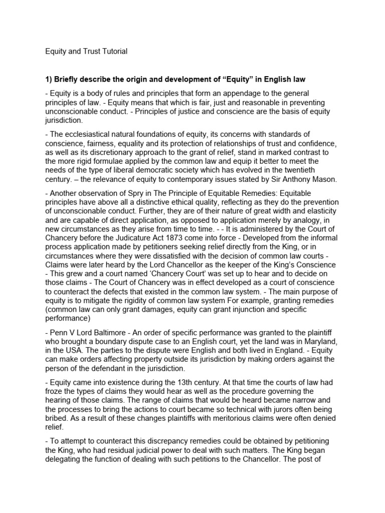 Equity and Trust Tutorial | PDF | Equity (Law) | Lease