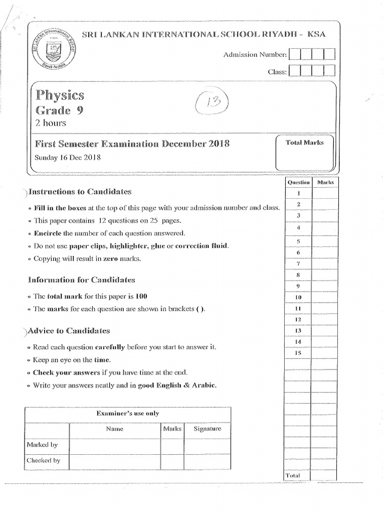 Grade 9 Physics SEM 1 2018 - 19 | PDF