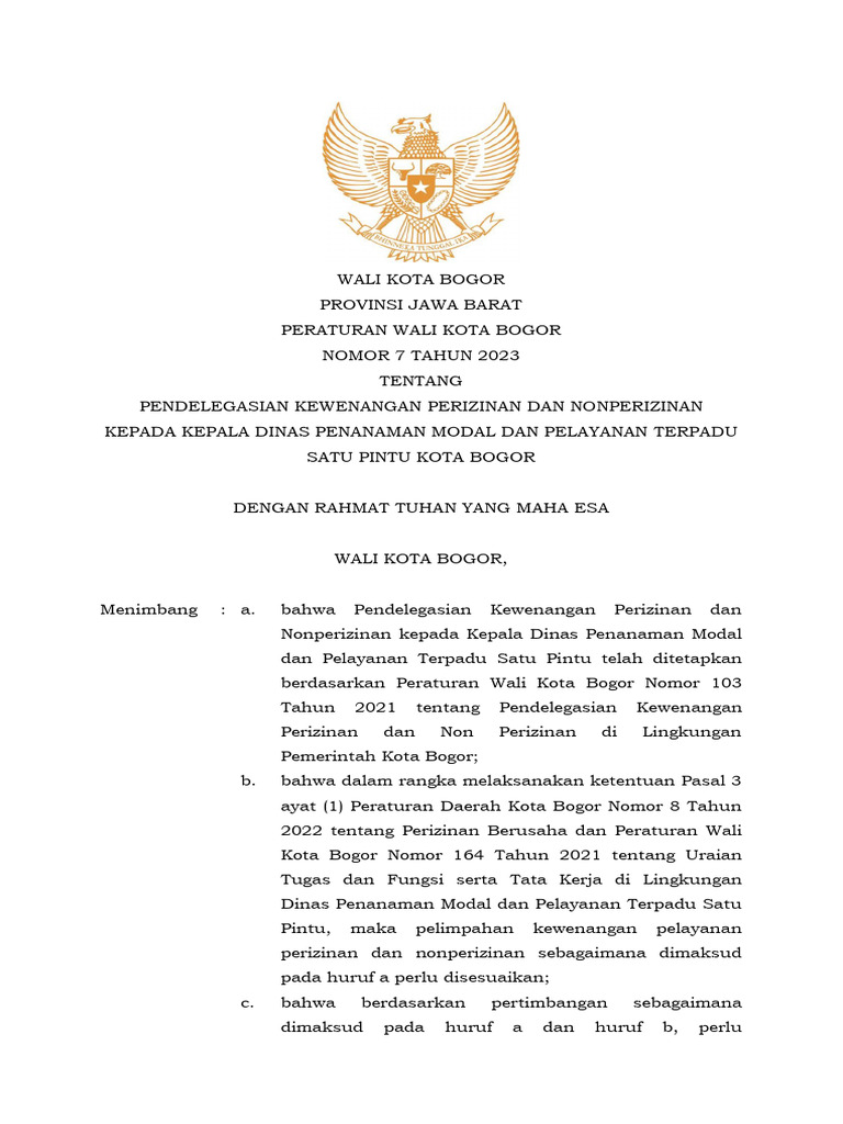 Perwali 7 Tahun 2023 Pendelegasian Kewenangan Kepada DPMPTSP | PDF