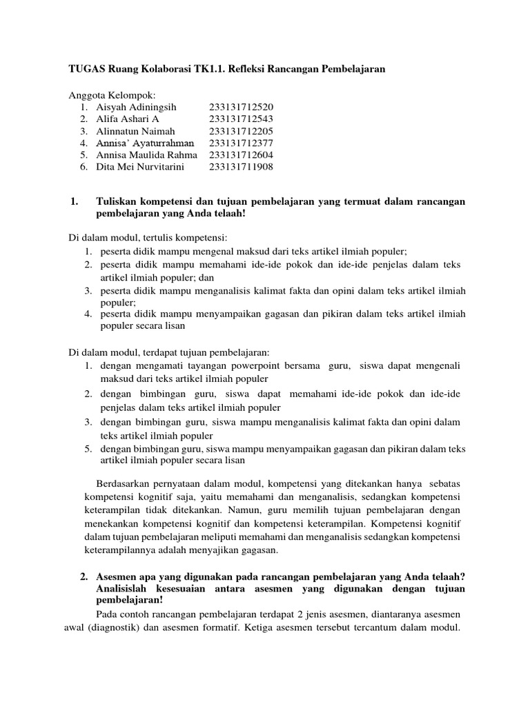 SMP LAB UM TK1.1 Refleksi Rancangan Pembelajaran | PDF