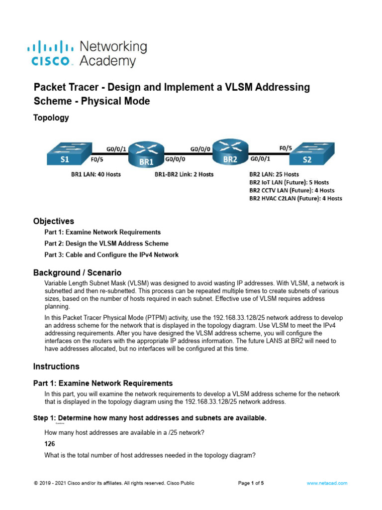 Design And Implement A Vlsm Addressing Scheme Physical Mode Vastused Pdf Computer Network