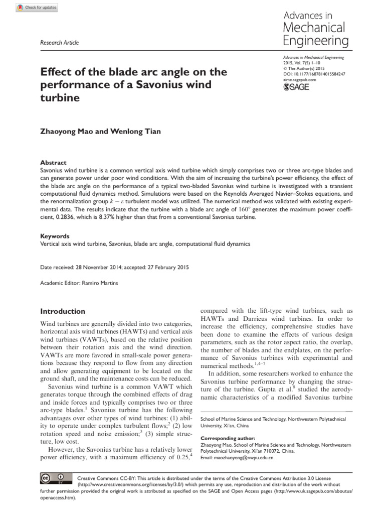 Mao Tian 2015 Effect of The Blade Arc Angle On The Performance of A Savonius Wind Turbine | PDF ...