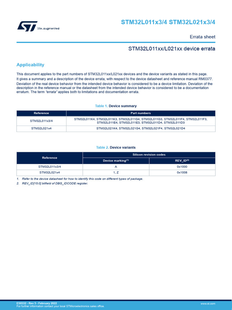 Es0332 stm32l011xxl021xx Device Errata Stmicroelectronics | PDF | Booting | Computer Engineering