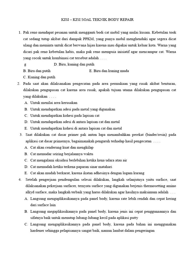 Kisi Kisi Soal Body Repair | PDF | Teknologi & Rekayasa
