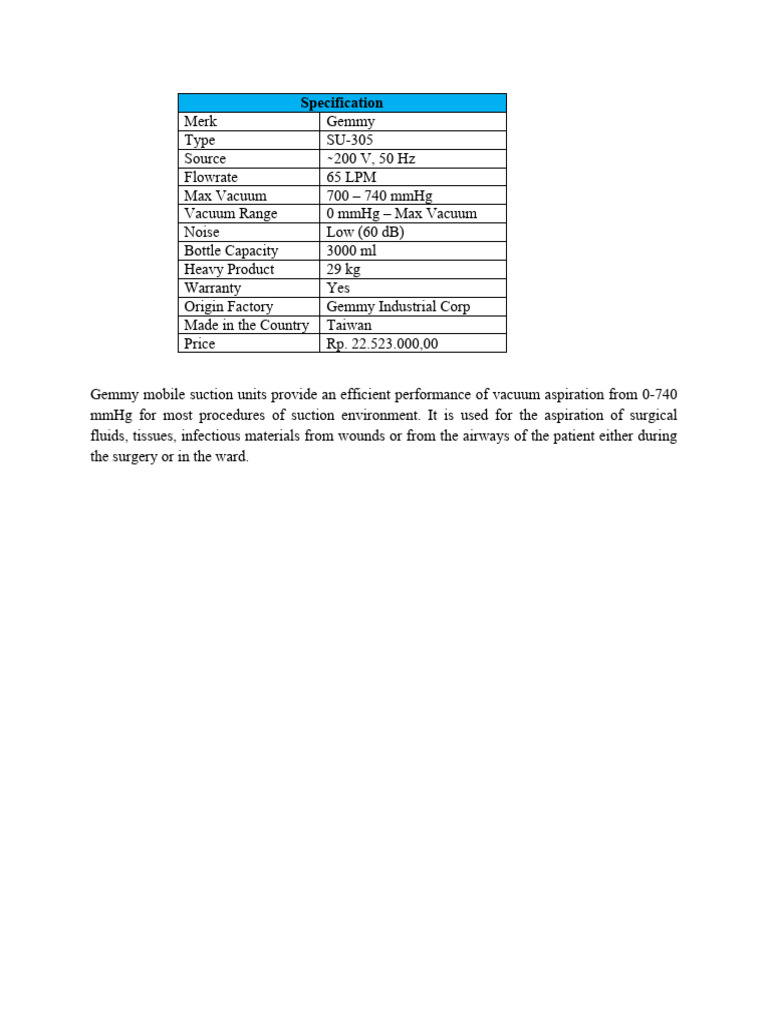 Specification Suction Pump Gemmy SU-305 | PDF