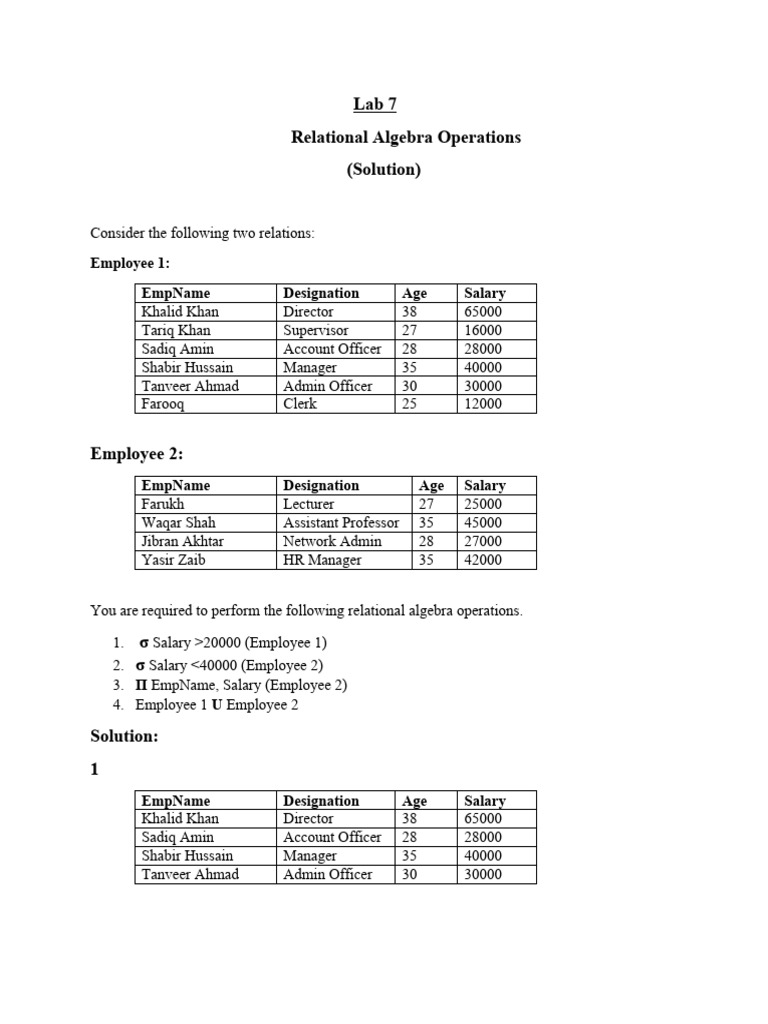 Lab 7-Relational Algebra Operations - Solution | PDF