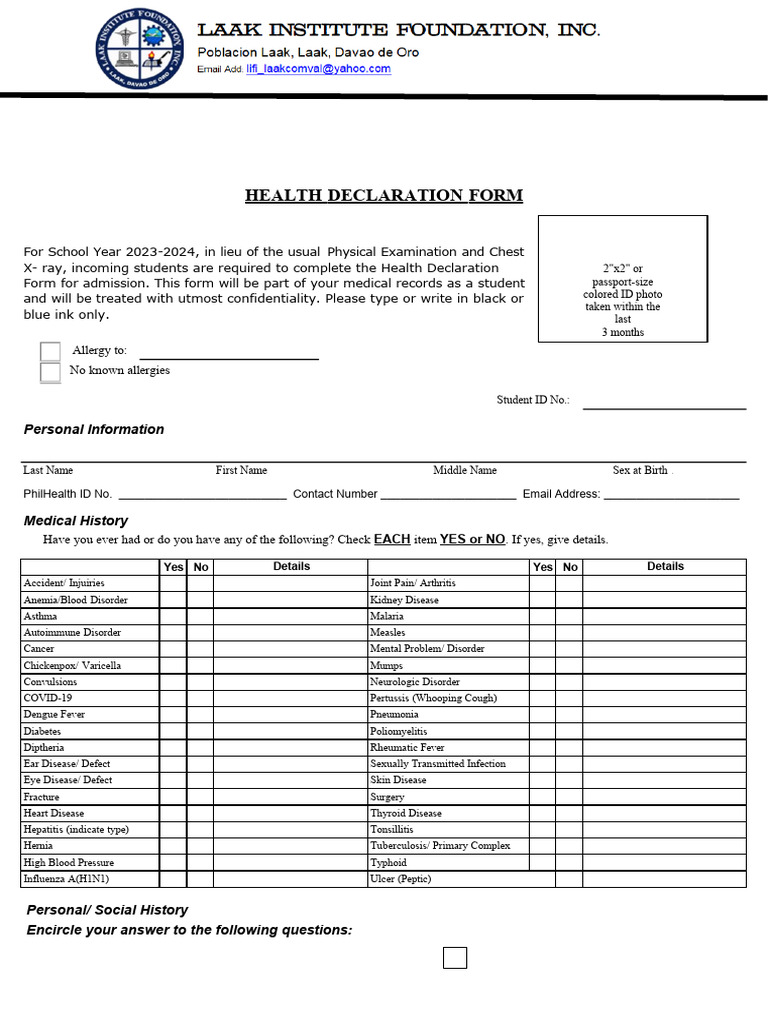 Health Declaration Form | PDF | Informed Consent | Pneumonia