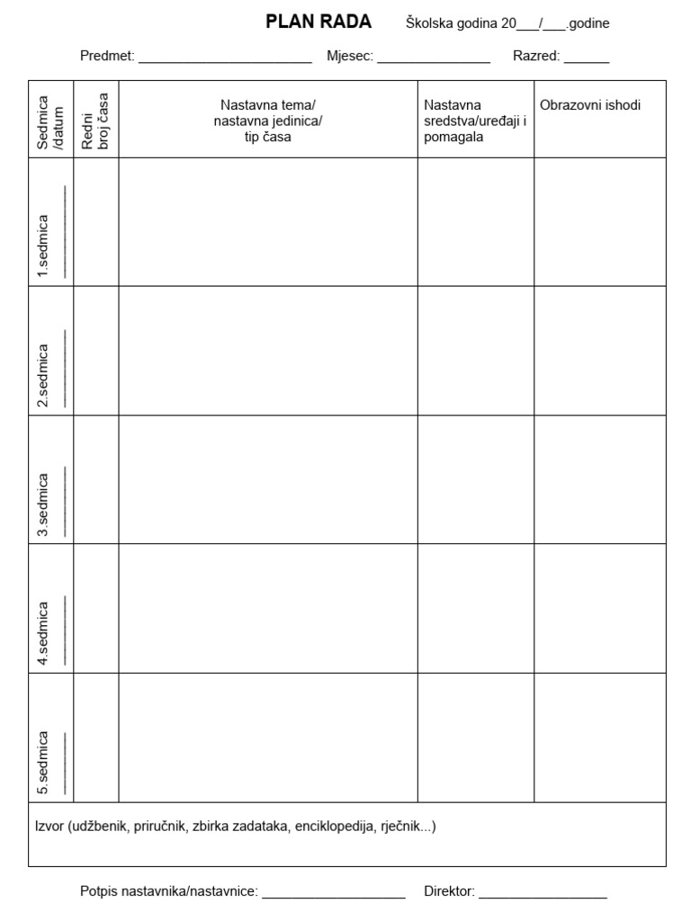 Formular Za Mjesečni Plan Rada Nastavnika | PDF