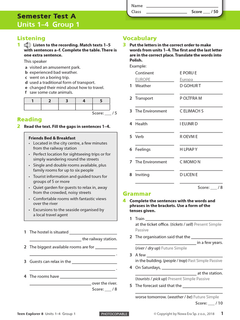 Units 1-4 Group 1: Semester Test A | PDF | Sentence (Linguistics) | Grammar