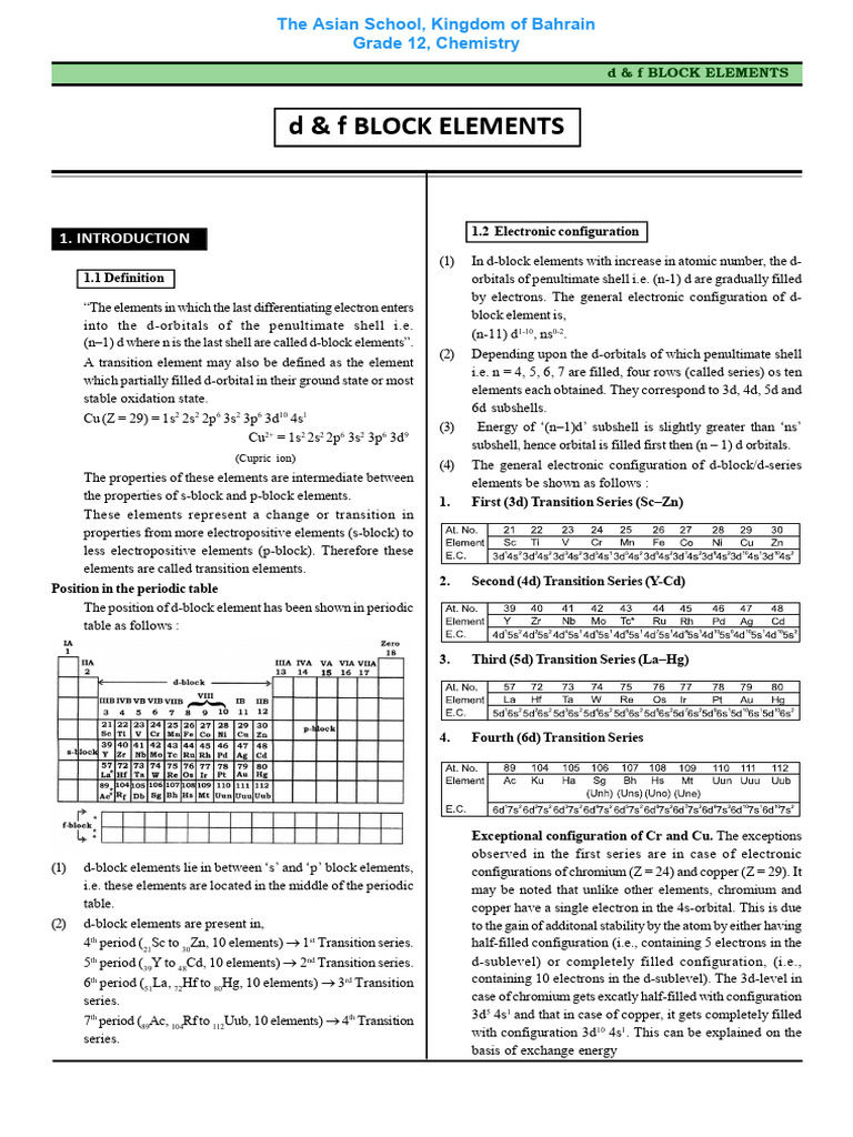 UNIT 8.d&f-BLOCK ELEMENTS | PDF | Transition Metals | Electron Configuration
