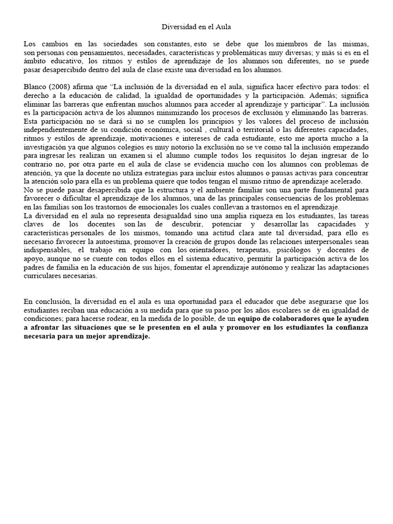 Diversidad en El Aula | PDF | Inclusión (Educación) | Salón de clases