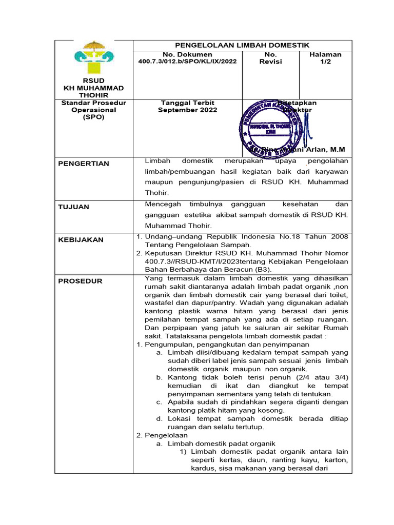 Spo Pengelolaan Limbah Domestik | PDF