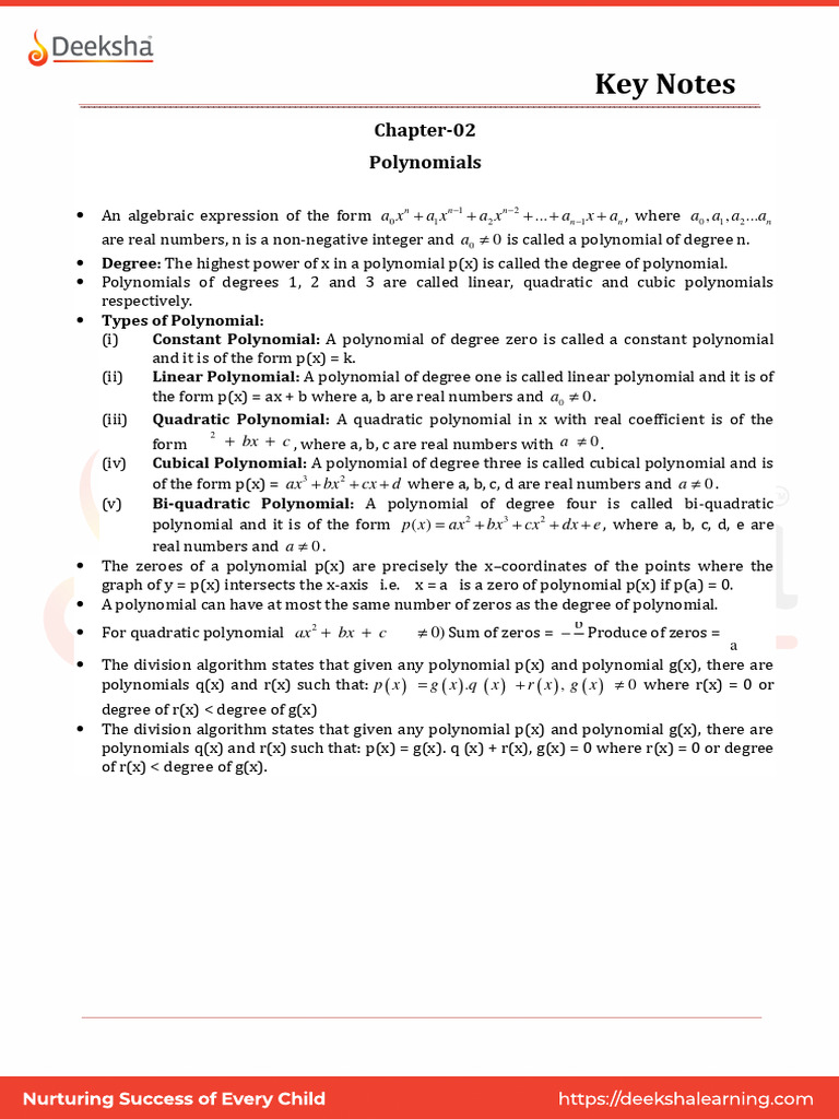 CBSE Class 10 Maths Notes Chapter 2 | PDF | Polynomial | Zero Of A Function