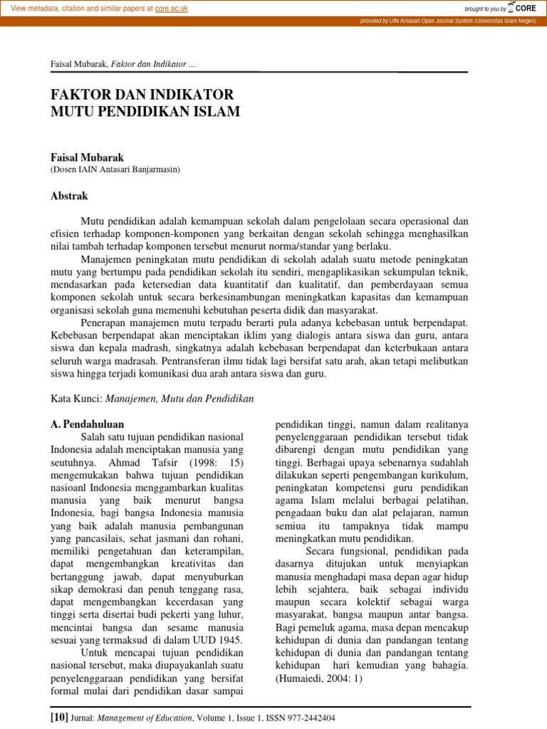 Faktor Dan Indikator Mutu Pendidikan Islam: Faisal Mubarak | PDF ...