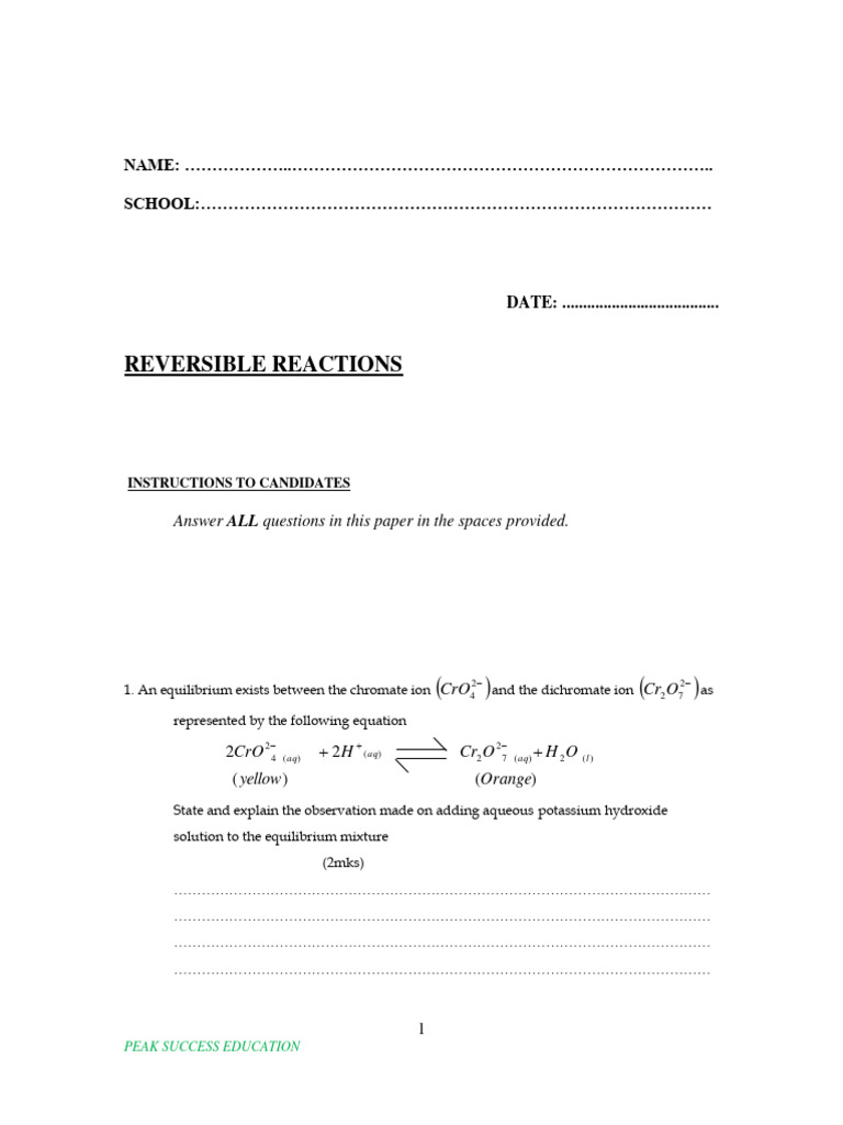 Reversible Reactions Q | PDF | Chlorine | Chemical Equilibrium