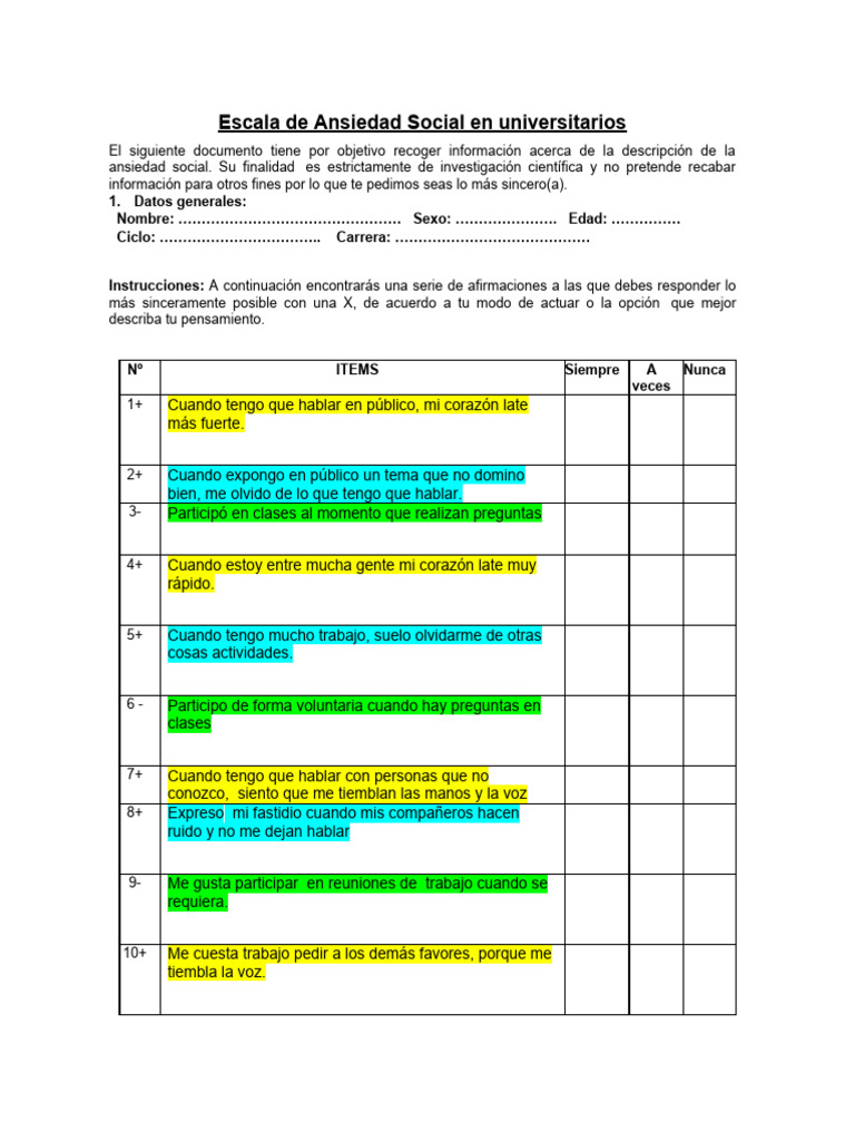 Escala de Ansiedad Social en Universitarios | PDF