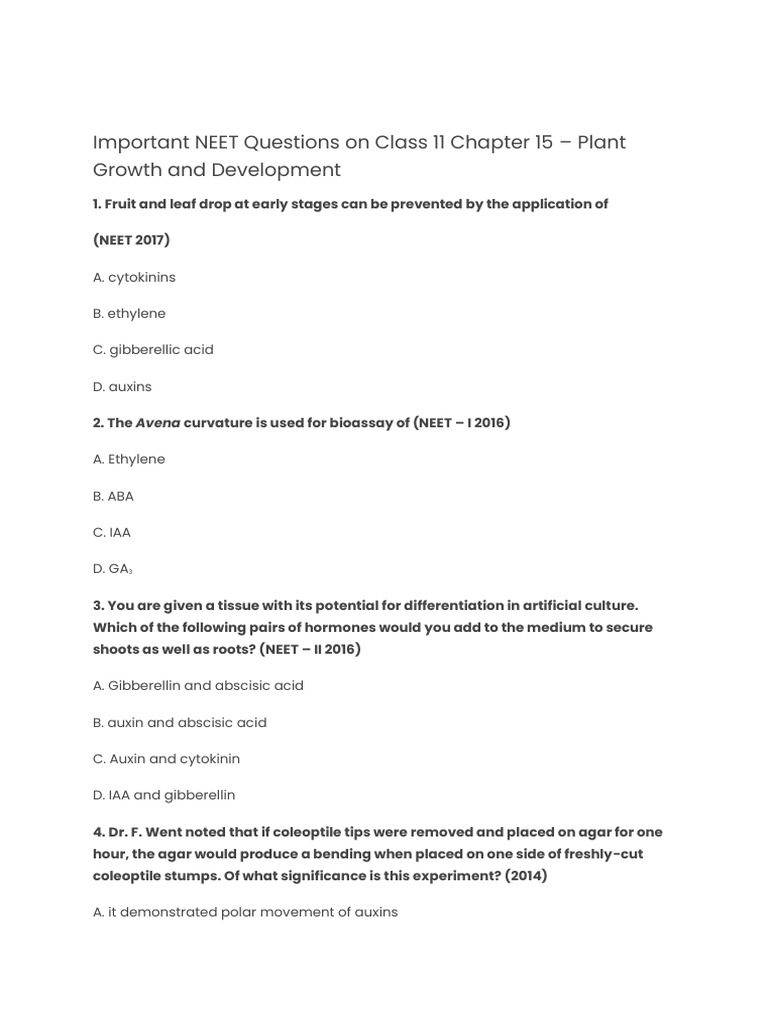 Neet Pyq Plant Growth and Development | PDF
