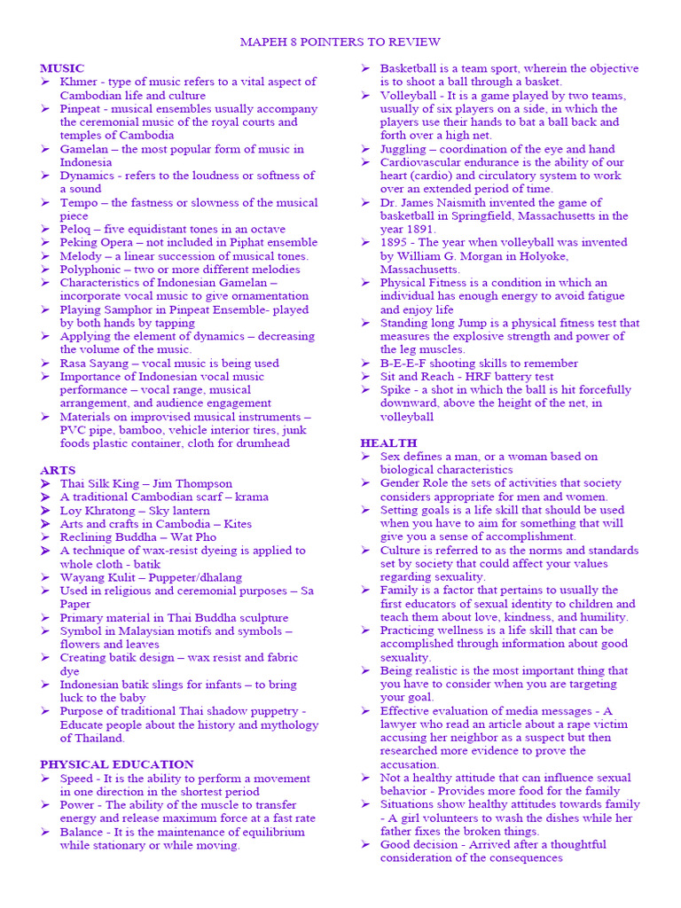Q1 - MAPEH 8 Pointers To Review | PDF | Volleyball | Textiles