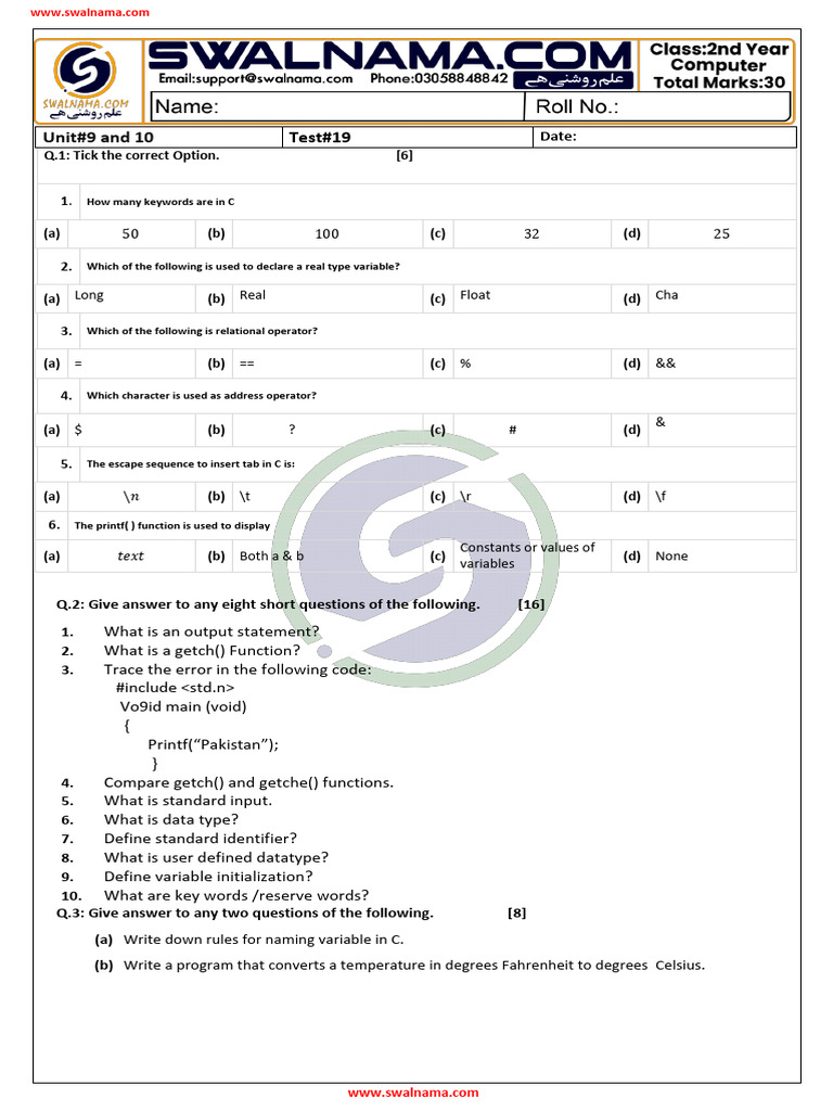 T19 Computer Science 2nd Year Past Papers Chapter 9 And 10 2nd Year Pdf Variable Computer
