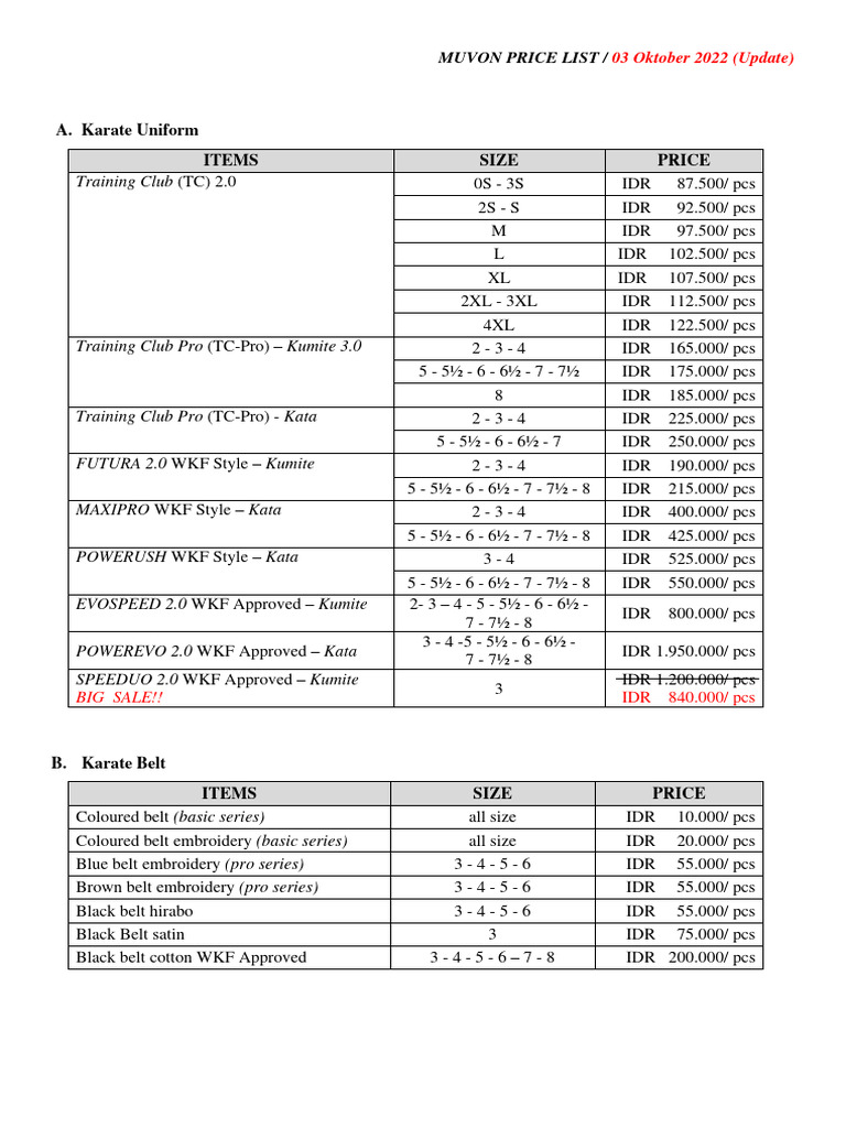 (R) Muvon Price List 2022 - New Oktober 2022 (Update) - 1 | Download Free PDF | Karate ...