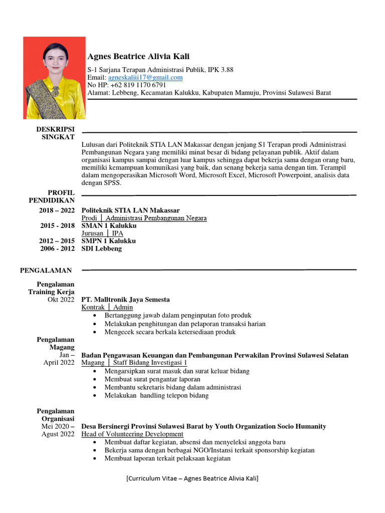 CV Agnes Beatrice Alivia Kali | PDF