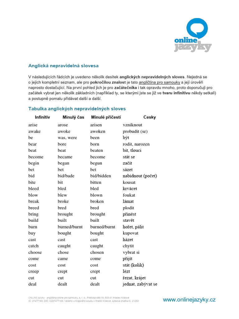 Tabulka Anglickych Nepravidelnych Sloves | PDF