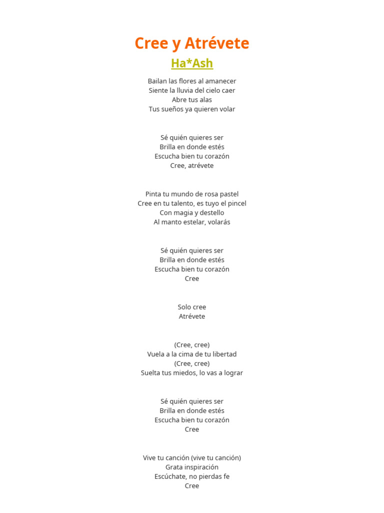 Letra de "Cree y Atrévete" - Ha*Ash | PDF