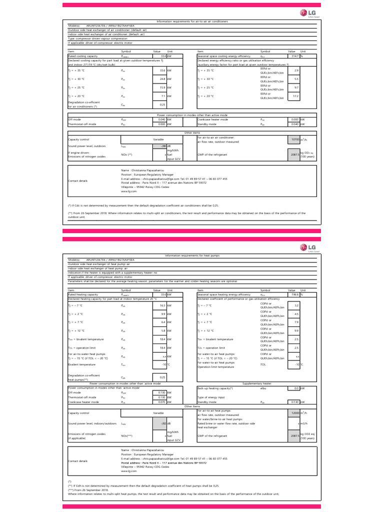 LG ARUM120LTE6 Performance Data | PDF | Air Conditioning | Heat Pump