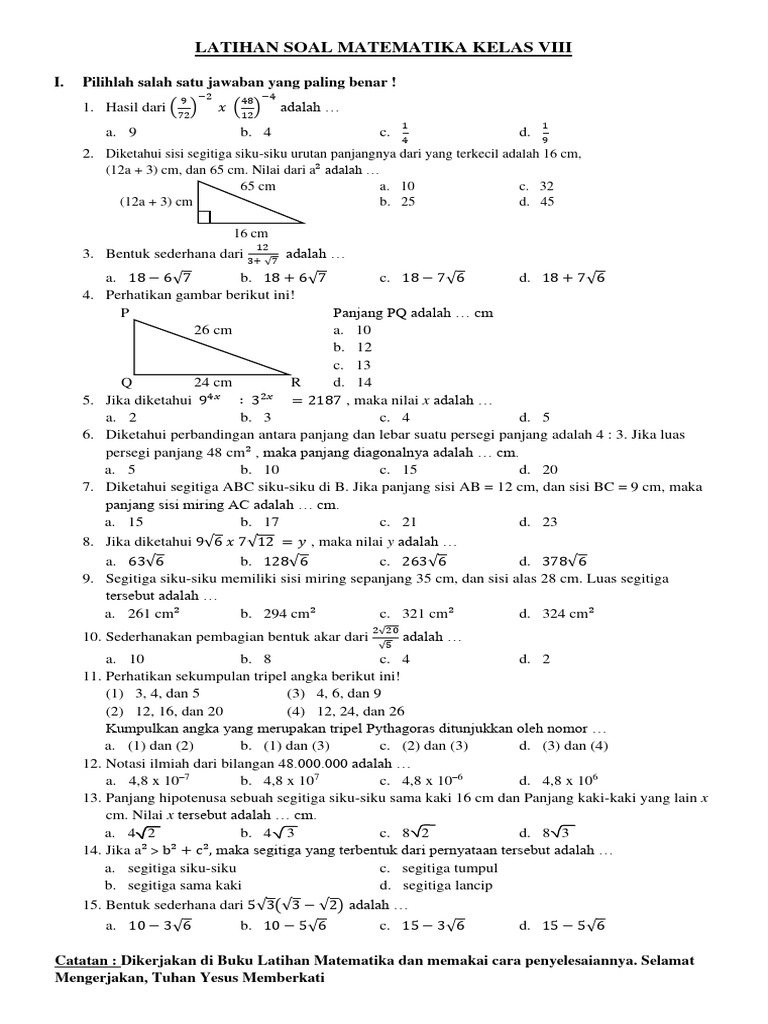 Latihan Soal Matematika Kelas Viii Bahan Pas | PDF