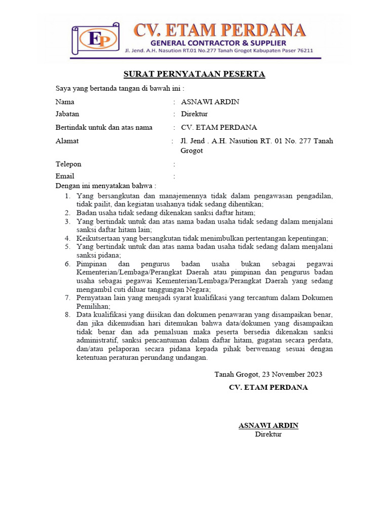 Surat Pernyataan CV Etam | PDF