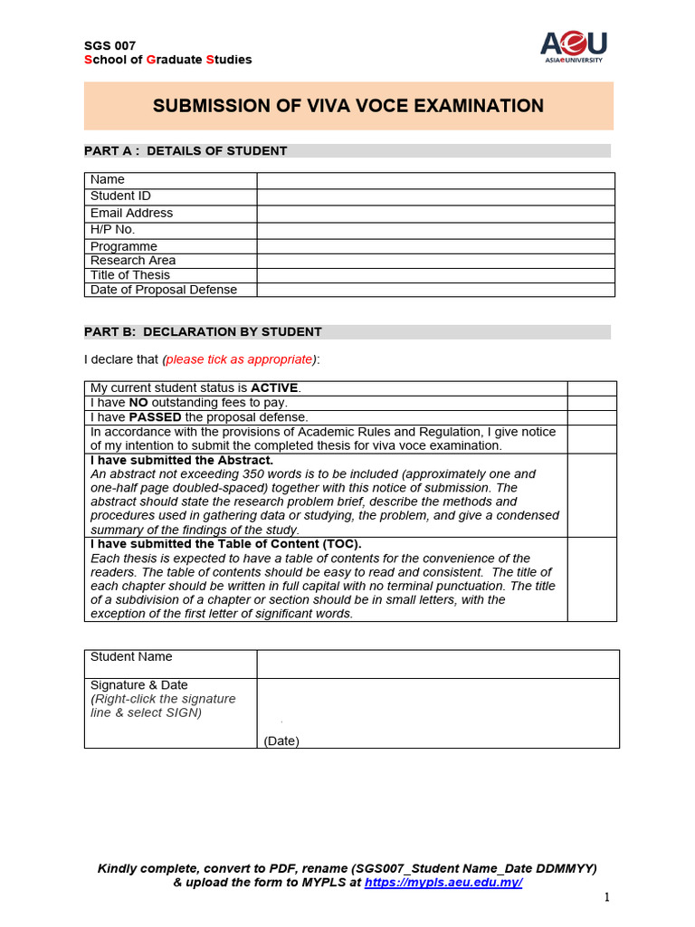 SGS 007 - Submission of Viva Voce Examination | PDF | Thesis