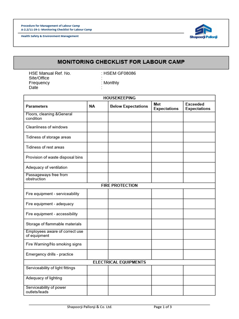 Labour Camp Safety & Management Checklist | PDF | First Aid ...