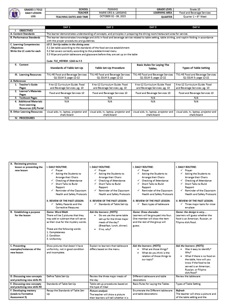 Q1W6 FBS DLL | PDF | Learning | Tableware