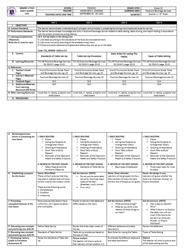 Q1W4 FBS DLL | PDF | Learning | Tableware