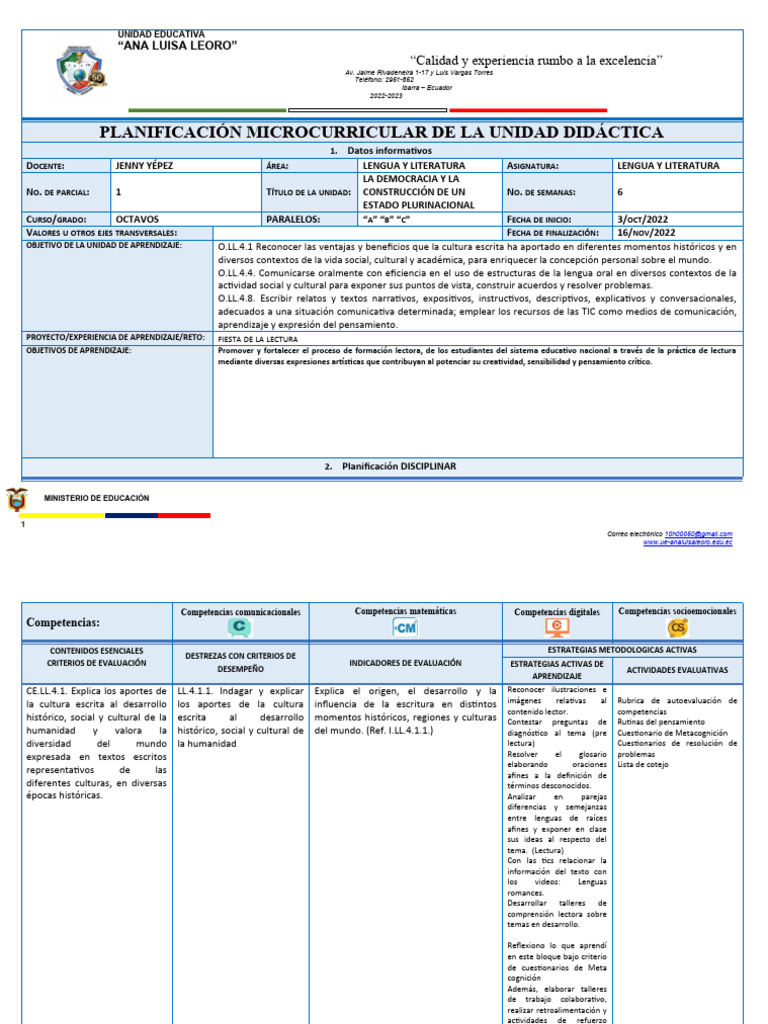 PLANIFICACION - MICRO - Lengua - 8vos | PDF | Evaluación | Aprendizaje