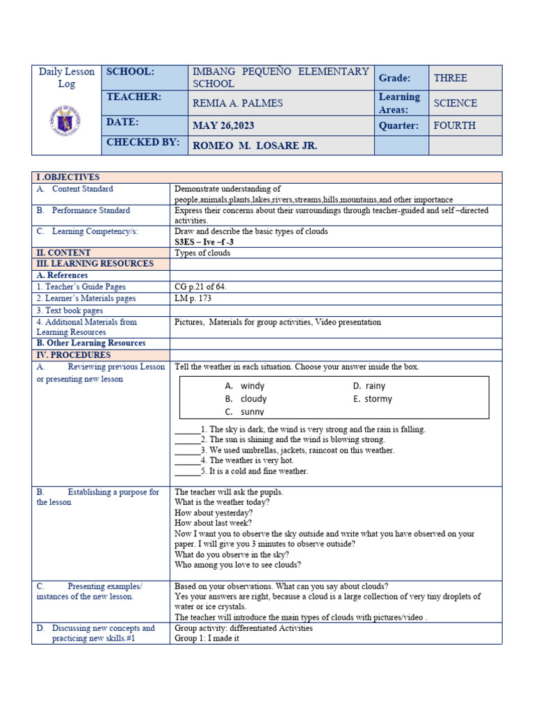 Grade 3 COT Science Q4 | PDF | Cloud | Sky