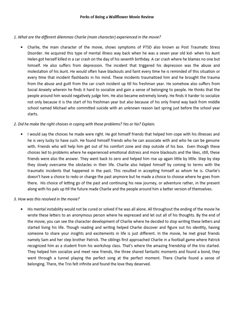 Perks of Being A Wallflower MovieReview | PDF | Psychological Trauma ...