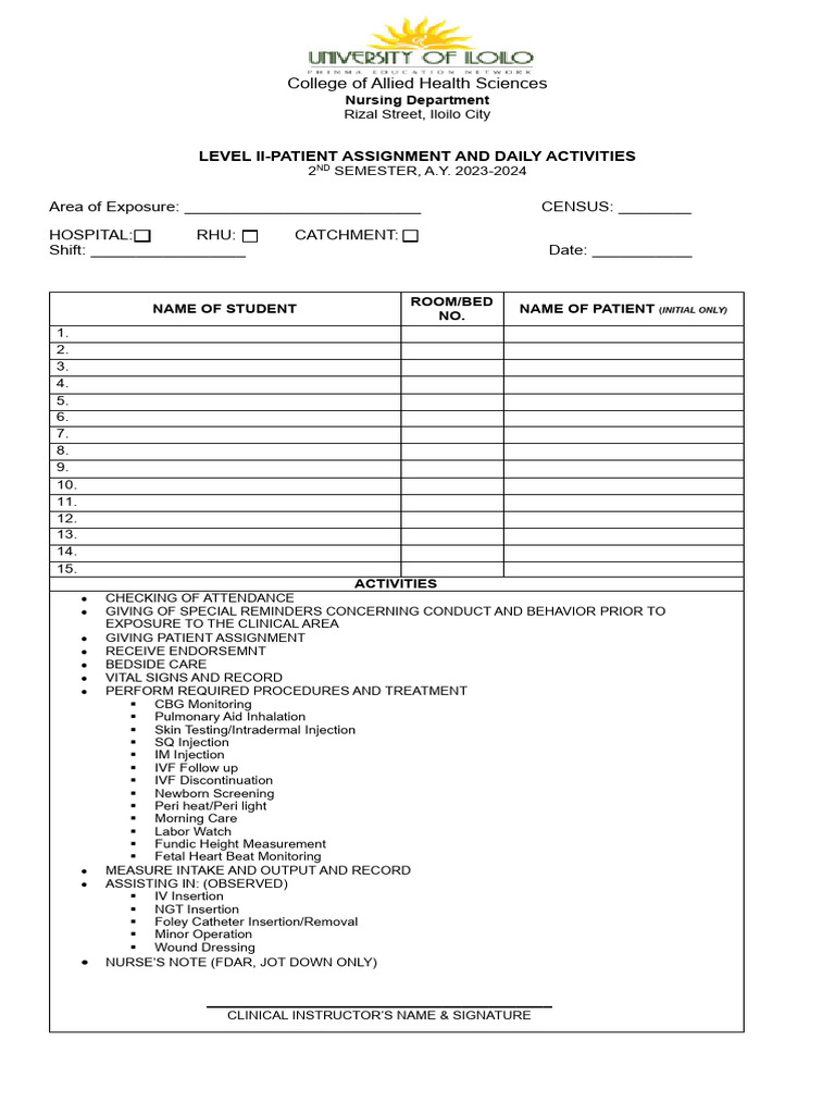 Patient Assignment and Daily Activities | PDF | Wellness | Science ...