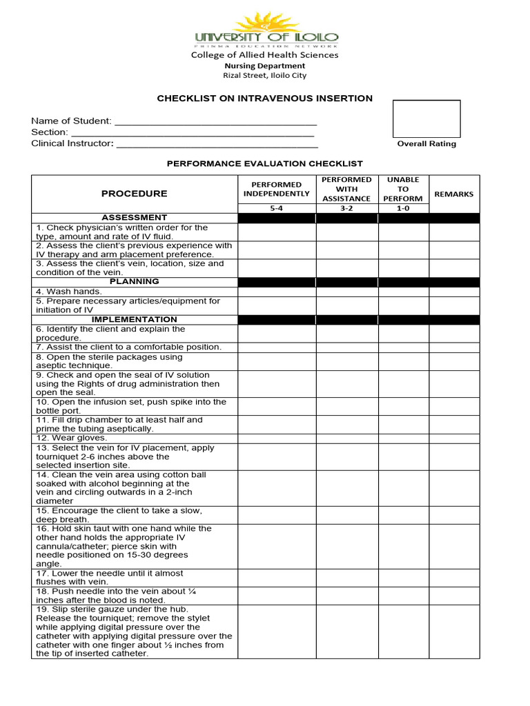 Checklist On Intravenous Insertion 1.1 | PDF | Intravenous Therapy ...