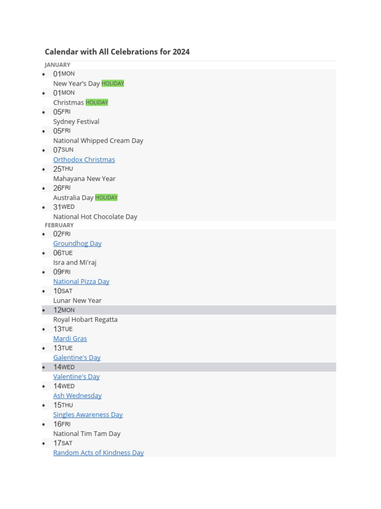 Calendar With All Celebrations For 2024 AUS | PDF | Holidays | Traditions