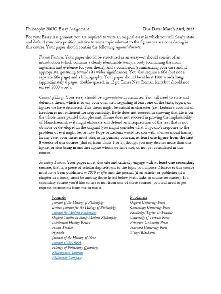 Philosophy 2065G Essay Assignment | PDF | Essays | Citation